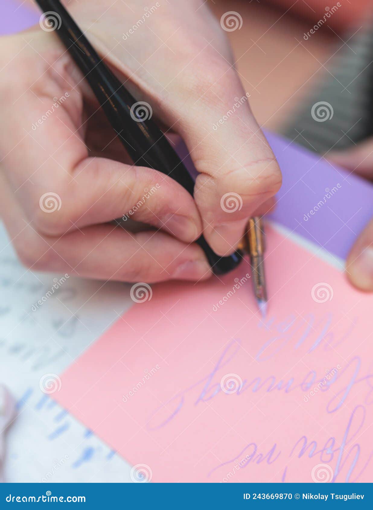 Process of Calligraphy Handwriting with an Ink Fountain Pen Feather ...