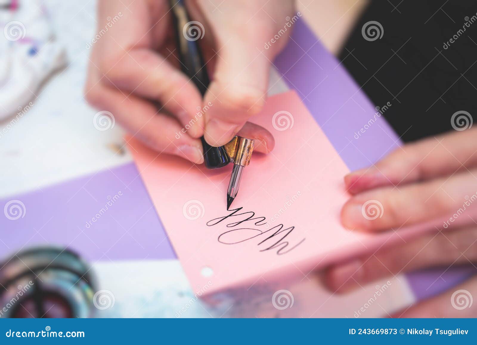 Process of Calligraphy Handwriting with an Ink Fountain Pen Feather ...