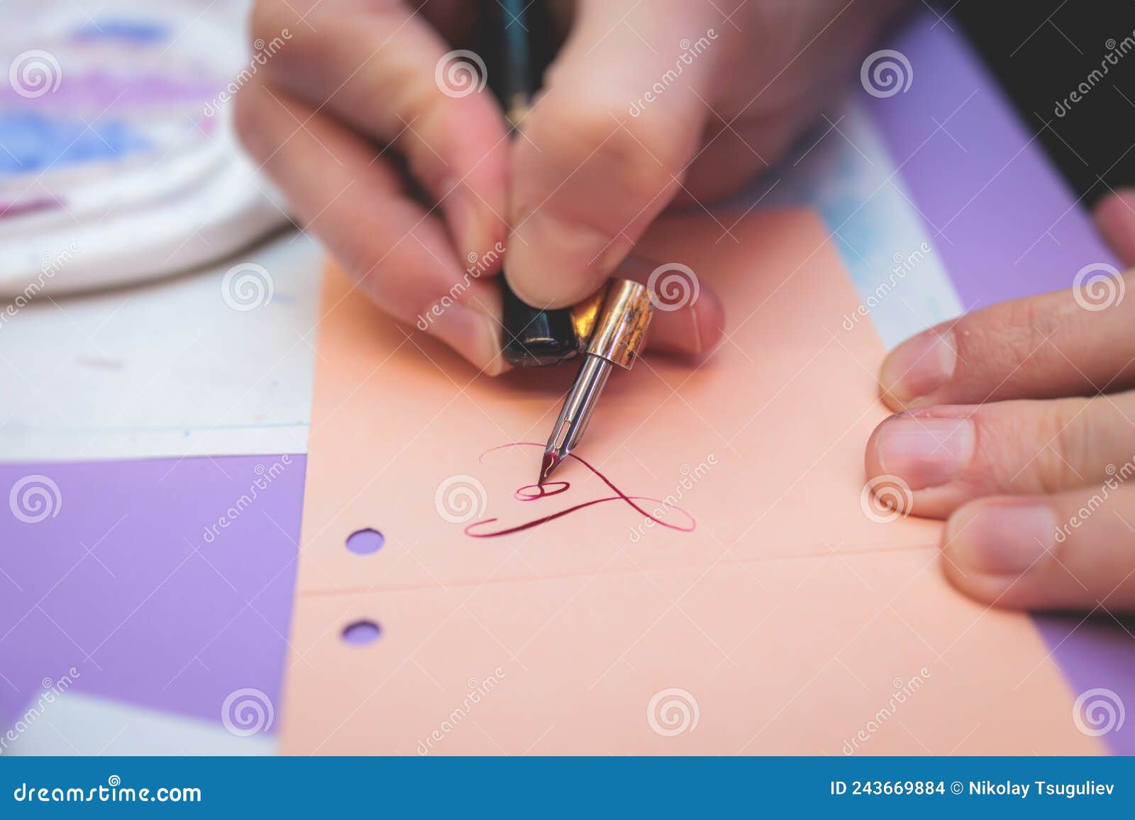 Process of Calligraphy Handwriting with an Ink Fountain Pen Feather ...