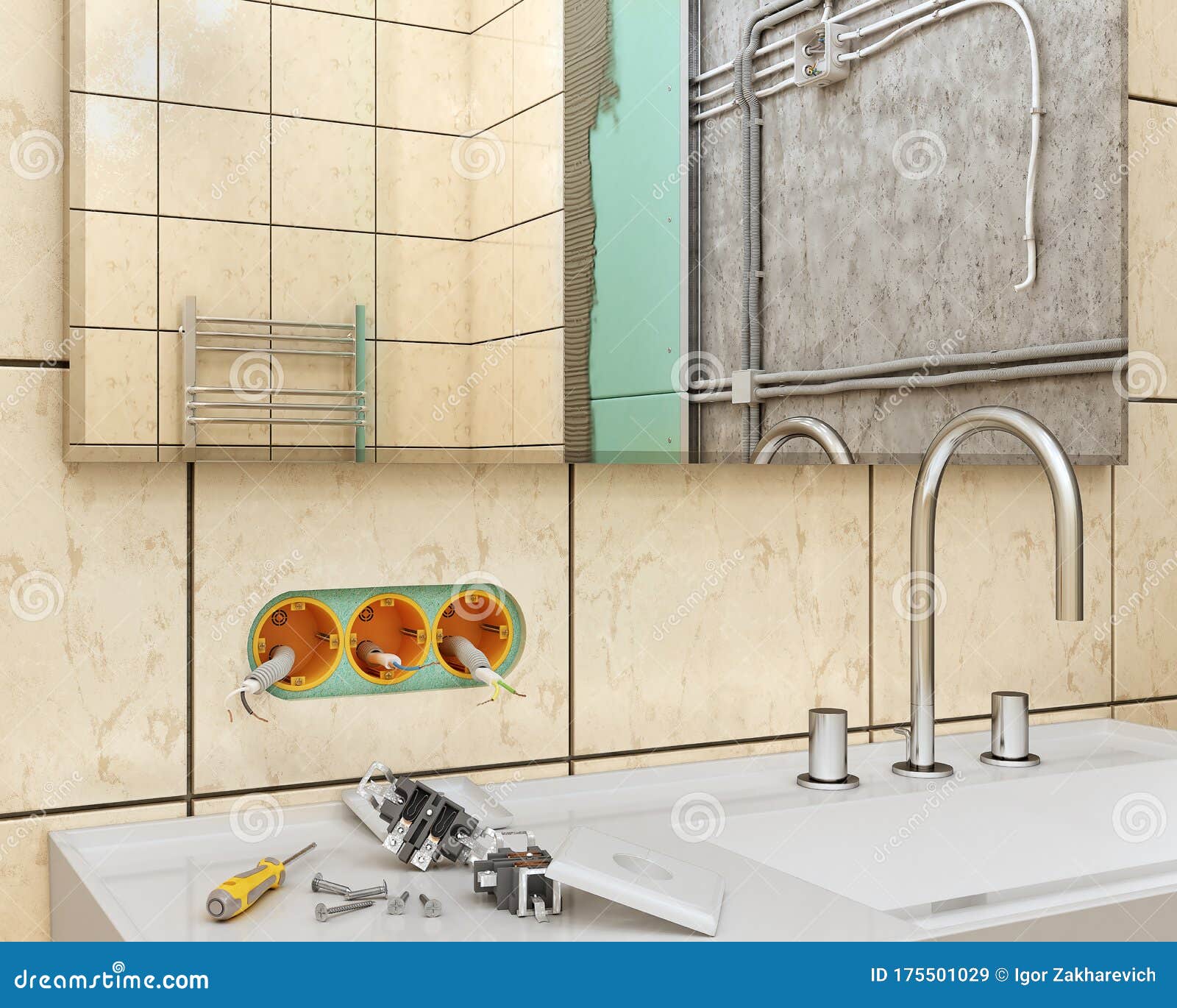 Process of Changing Sockets and Electrical Wires in Bathroom Stock ...