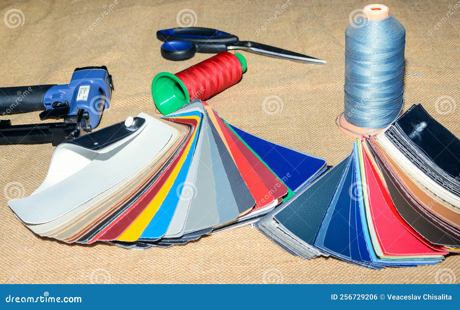 The Process of Choosing a Leatherette from Samples and Threads Stock ...