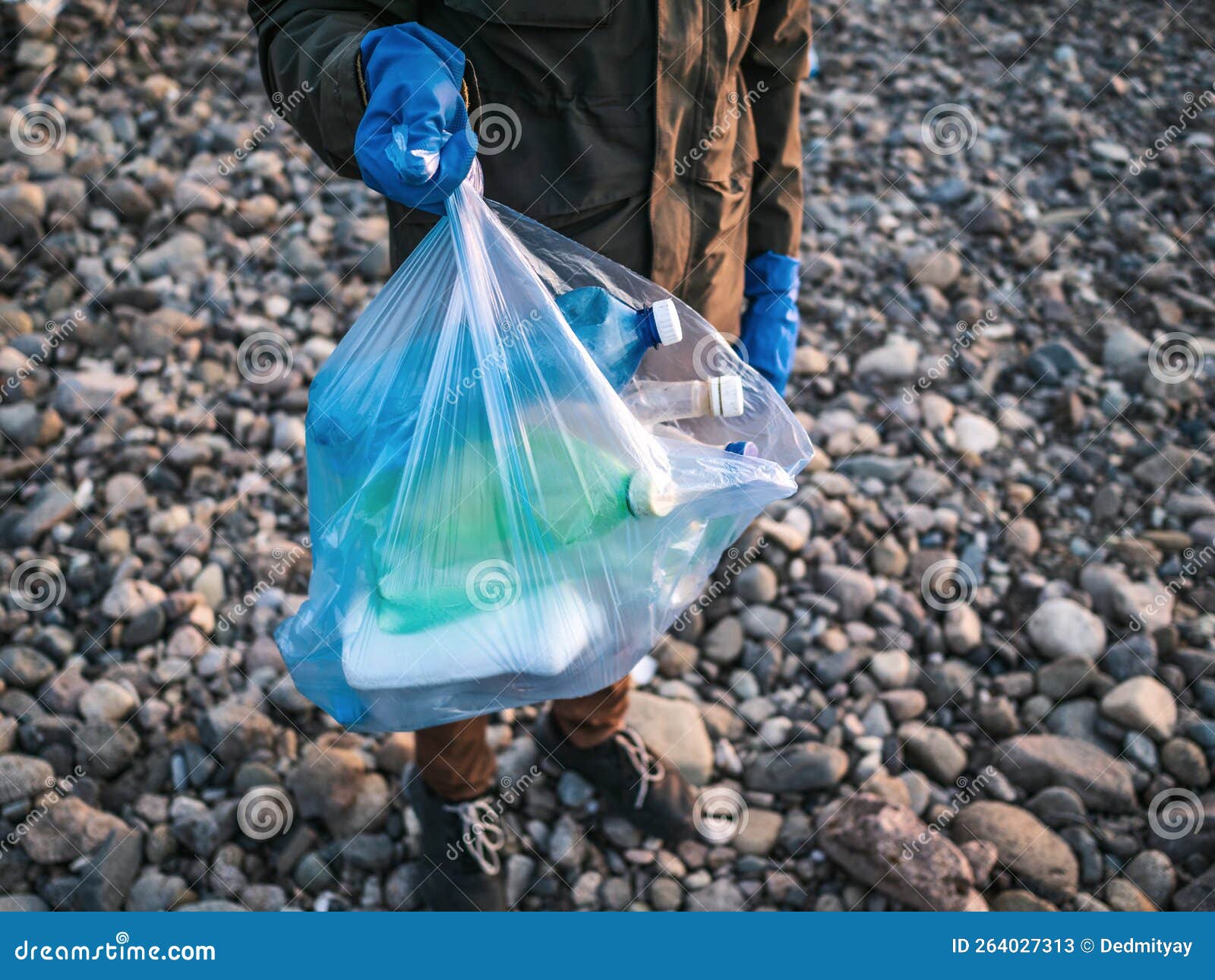 Process of Cleaning Stone Beach from Plastic Waste. Man Holds Plastic ...