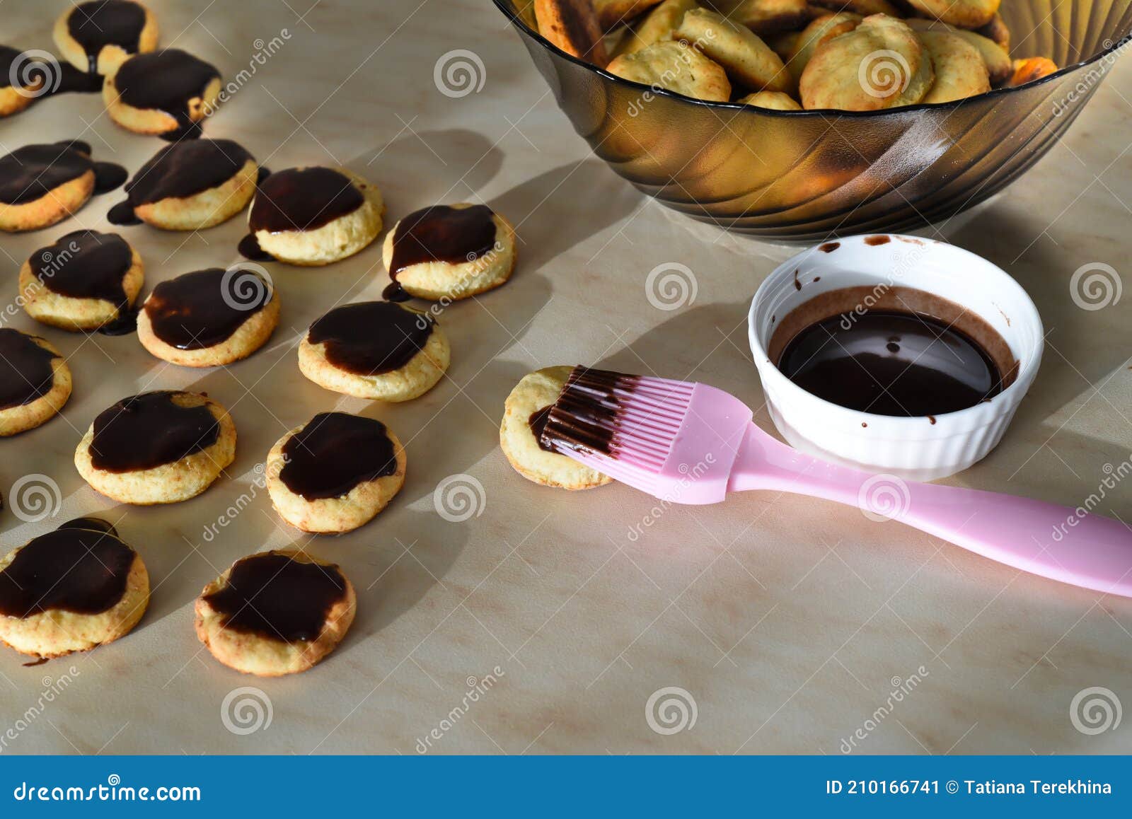 Process of Coating Curd Biscuits with Chocolate Icing Stock Image ...