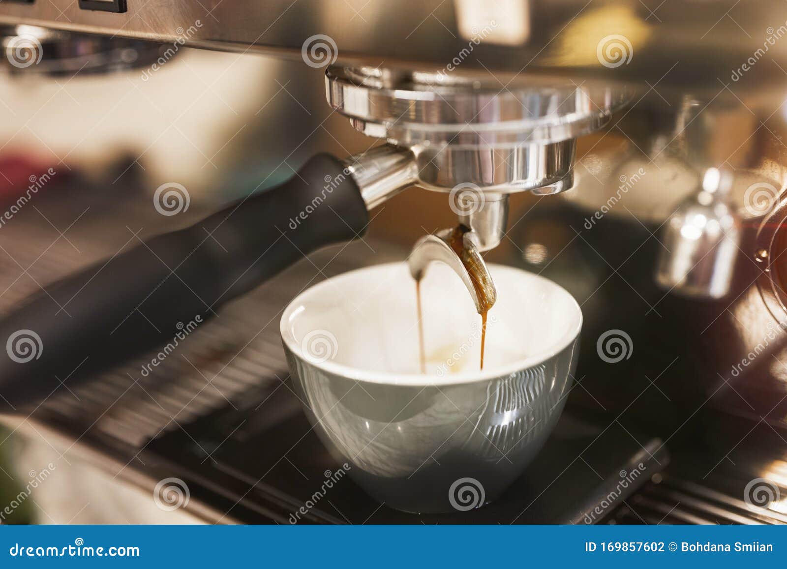 Process of Coffee Drink Making Using Professional Coffee Machine Stock ...