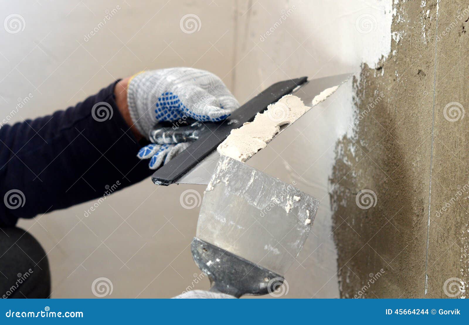 The Process of the Concrete Wall Putty Two Spatulas Stock Photo - Image ...