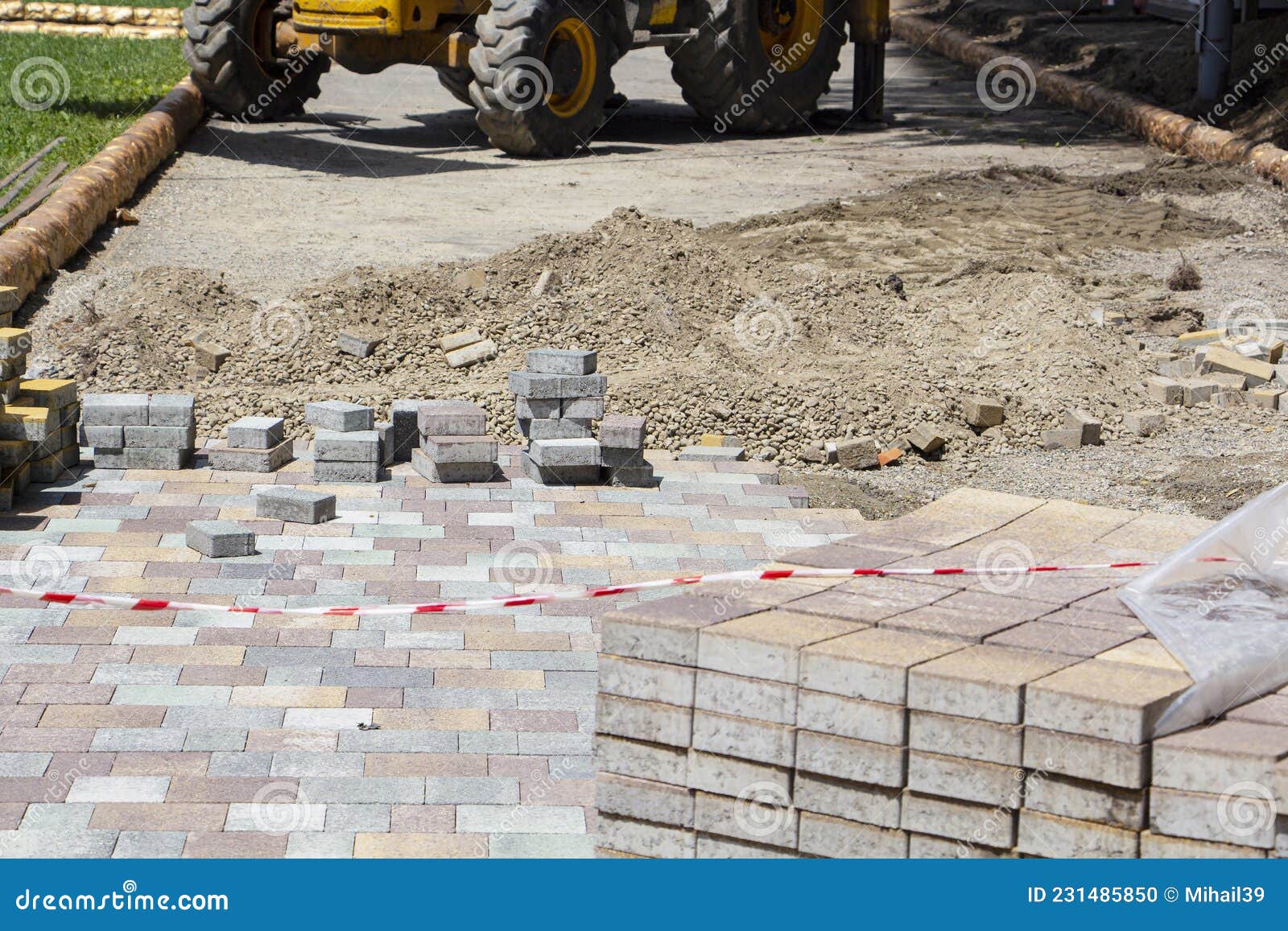 Process of Construction of Brick Paved Sidewalk, Half Built Pavement ...