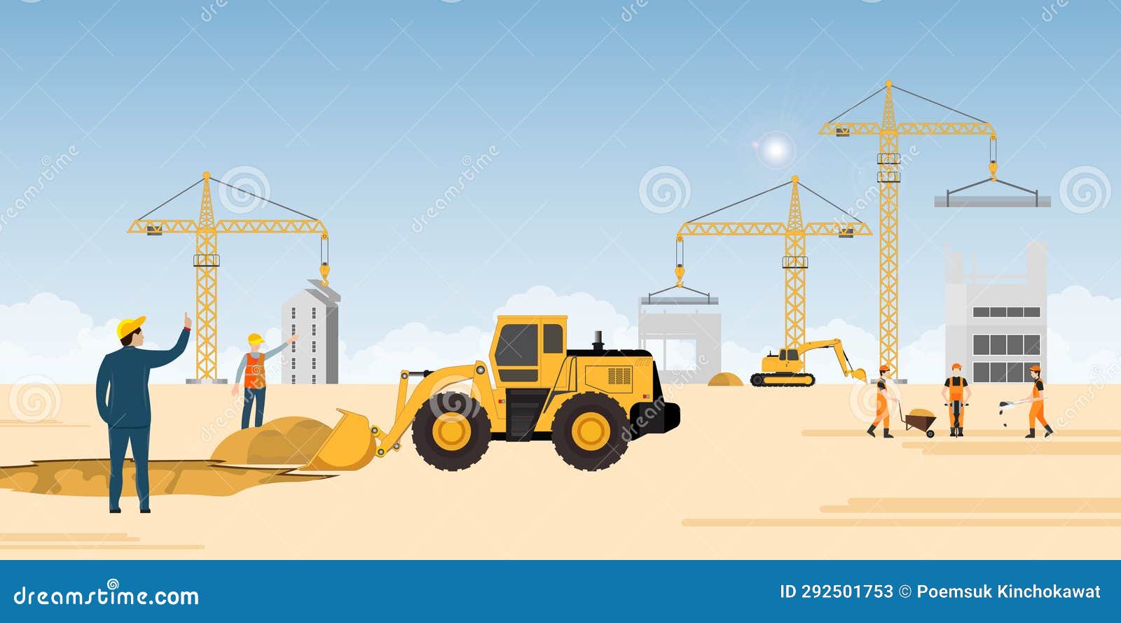 Process of Construction Site with Excavator Stock Vector - Illustration ...