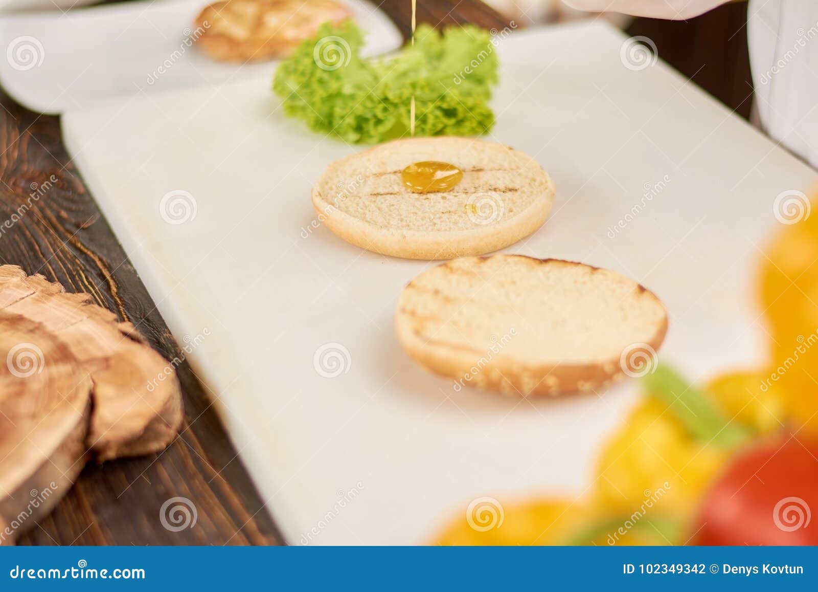 The Process of Cooking Burger at Kitchen. Stock Photo - Image of food ...