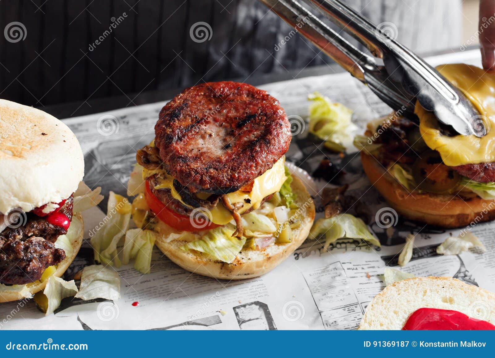 Process of Cooking Hamburger. Chef on the Kitchen Table Making Out the ...