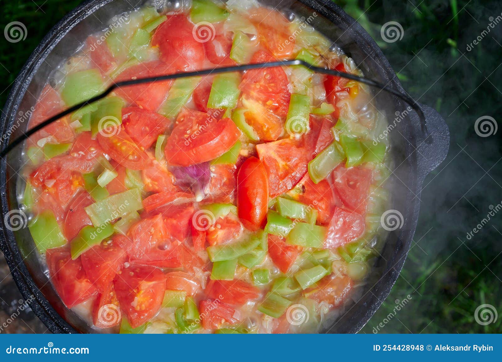 The Process of Cooking Outdoors. Vegetables in a Cauldron on a Fire ...