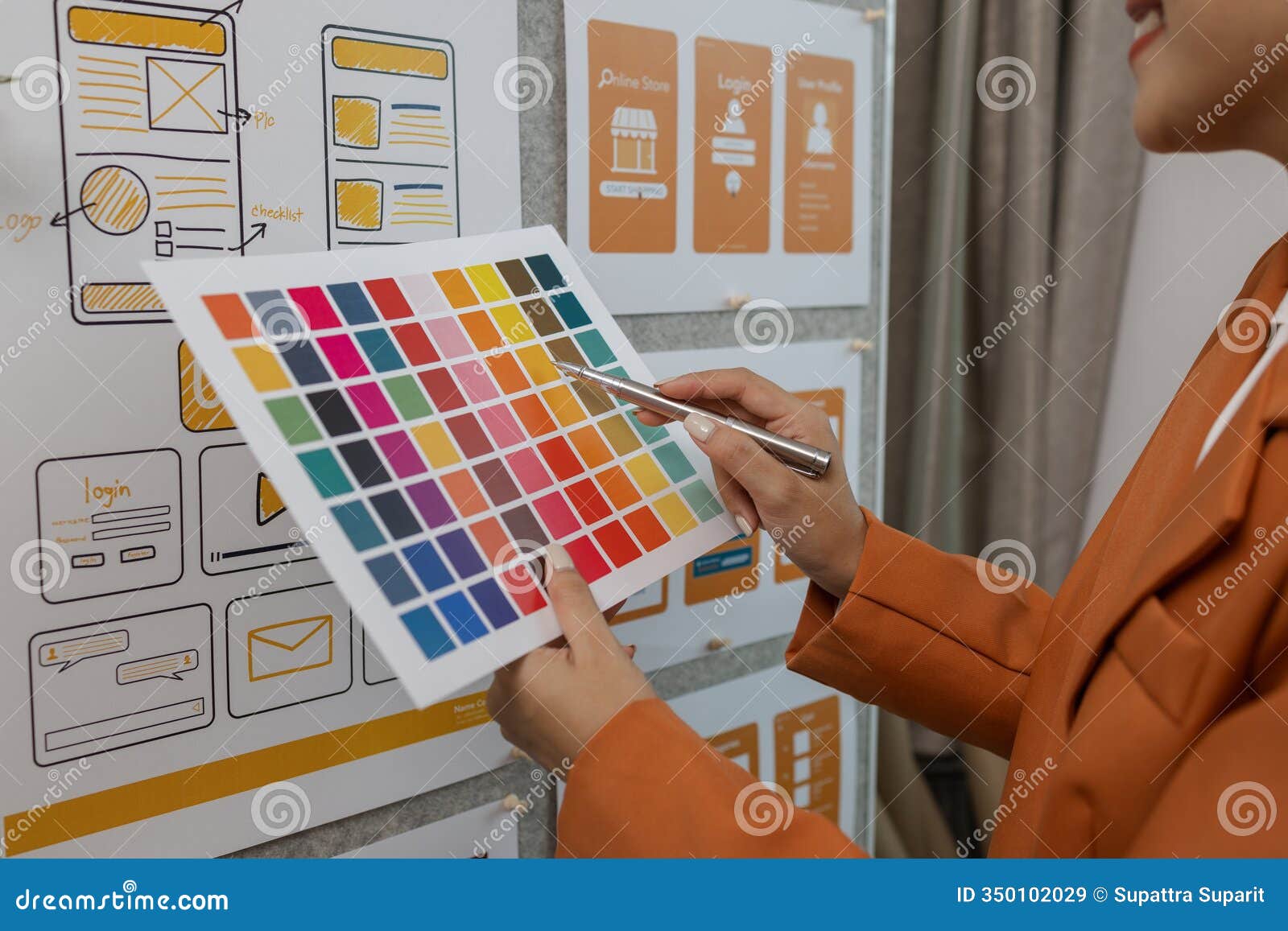 Ux Developer And Ui Designer Presenting Mobile App Interface Design On Whiteboard In Meeting At