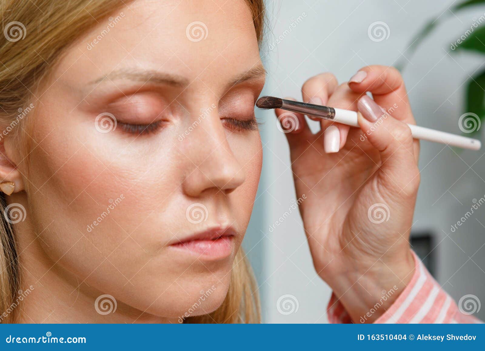 The Process of Creating Makeup. Makeup Artist Working with a Brush on ...