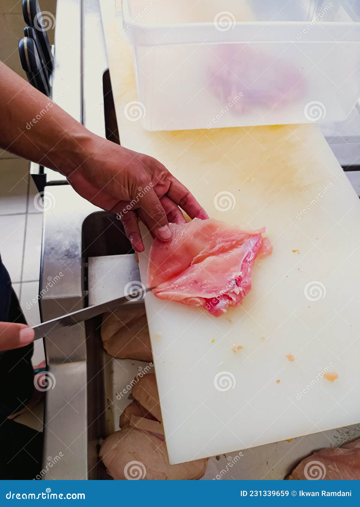 The Process of Cutting Chicken Meat is Cut Very Thin Stock Image ...