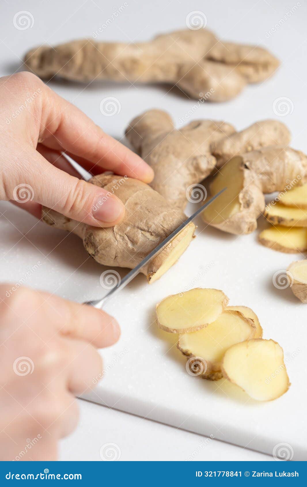 The Process of Cutting Ginger Root with a Knife Stock Image - Image of ...