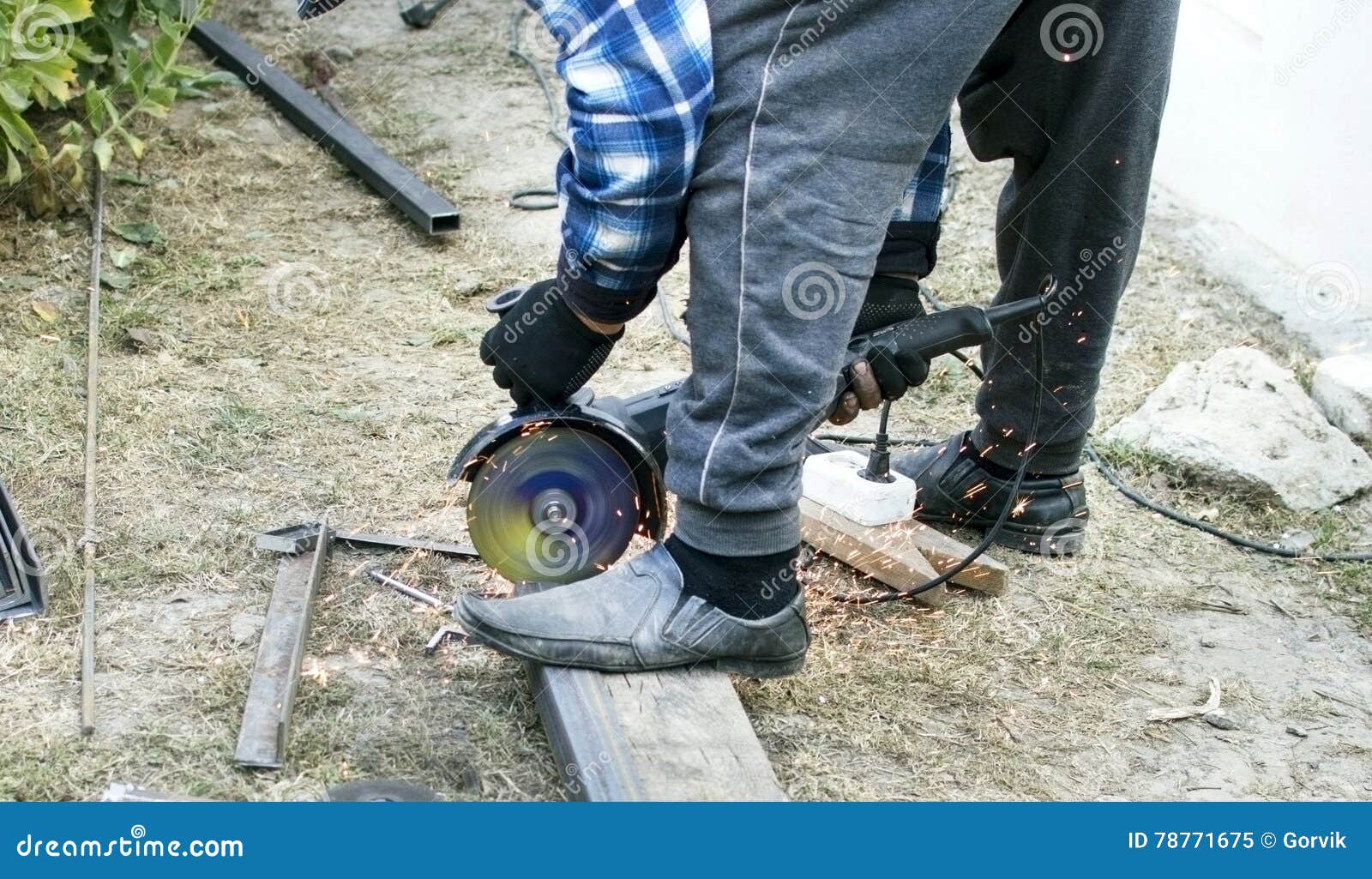 The Process of Cutting Metal Structures Using Angle Grinders Stock ...