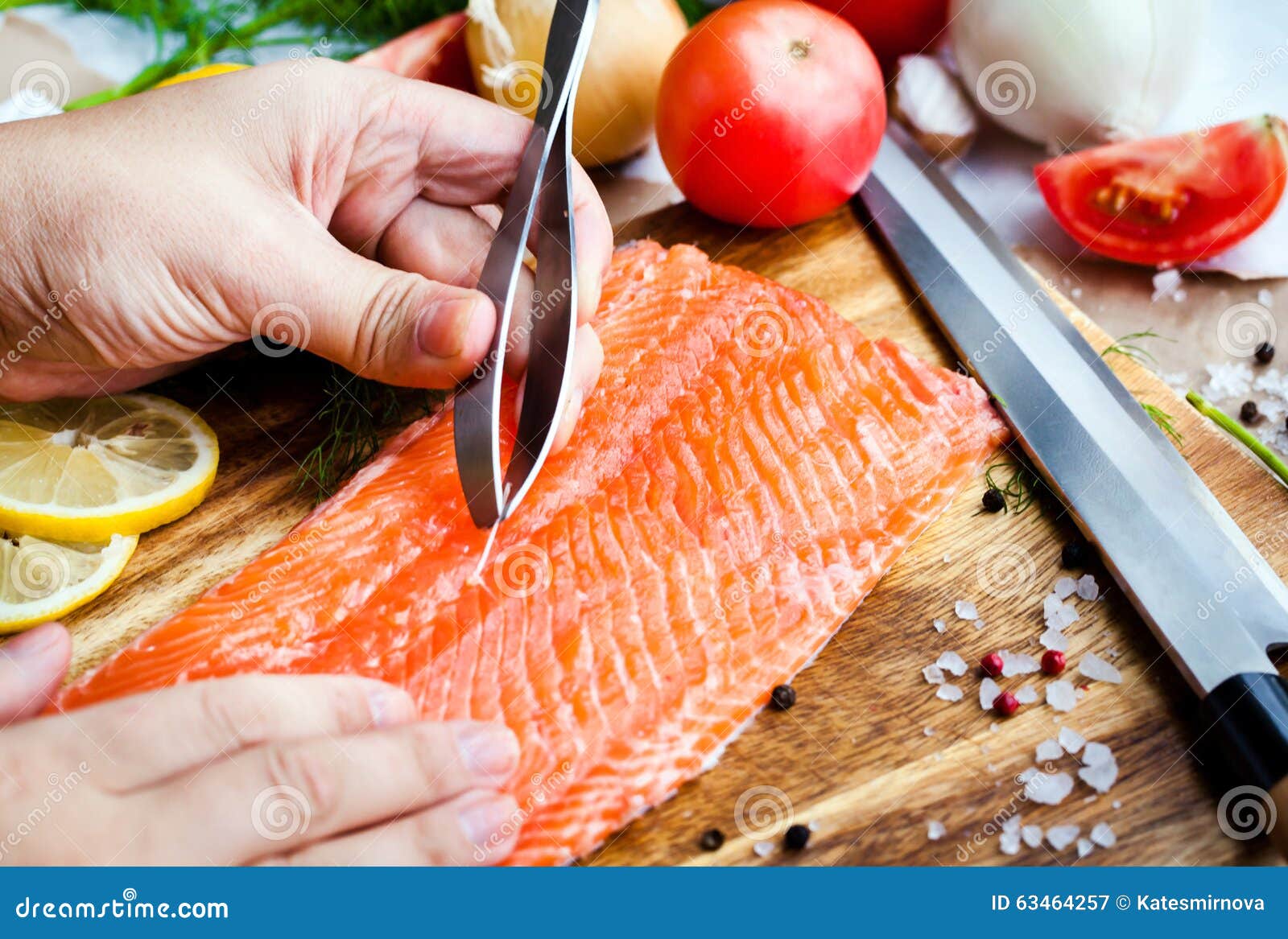 Process of Cutting Raw Salmon Stock Image - Image of fresh, food: 63464257