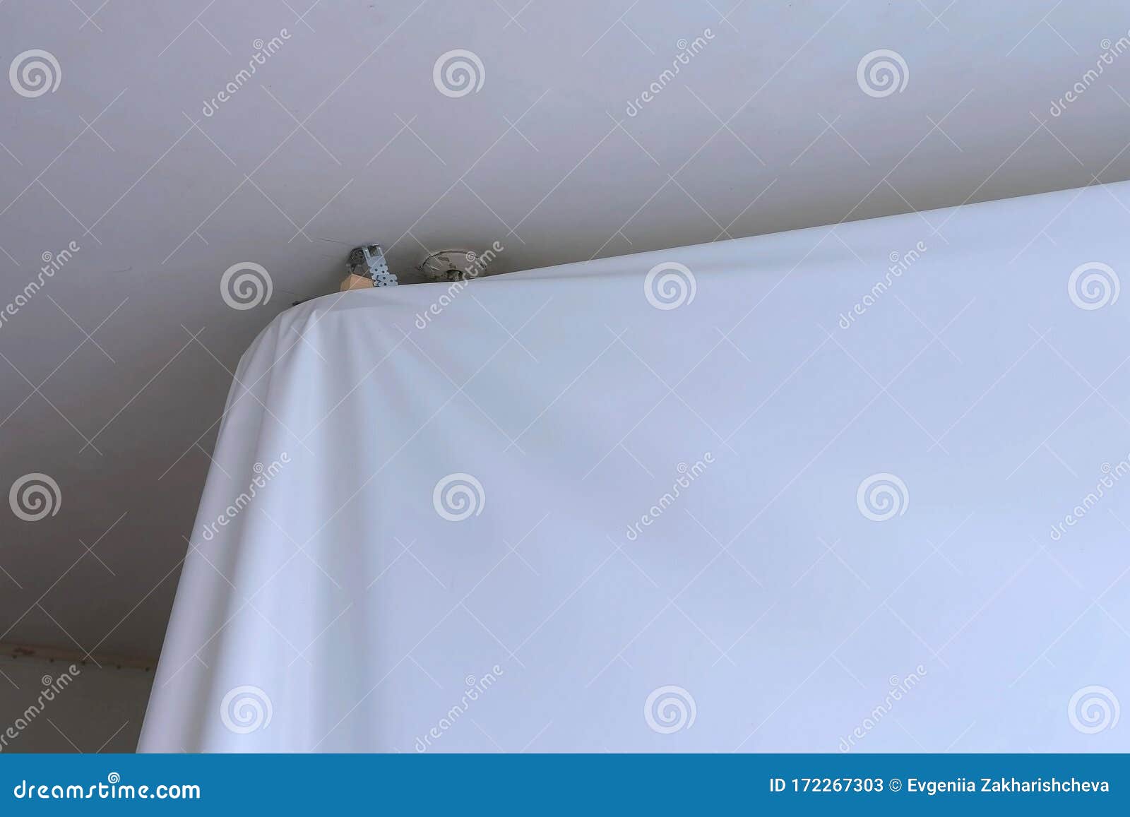 Process of Dismantling of Stretch Suspended Ceiling in Flat, Closeup ...