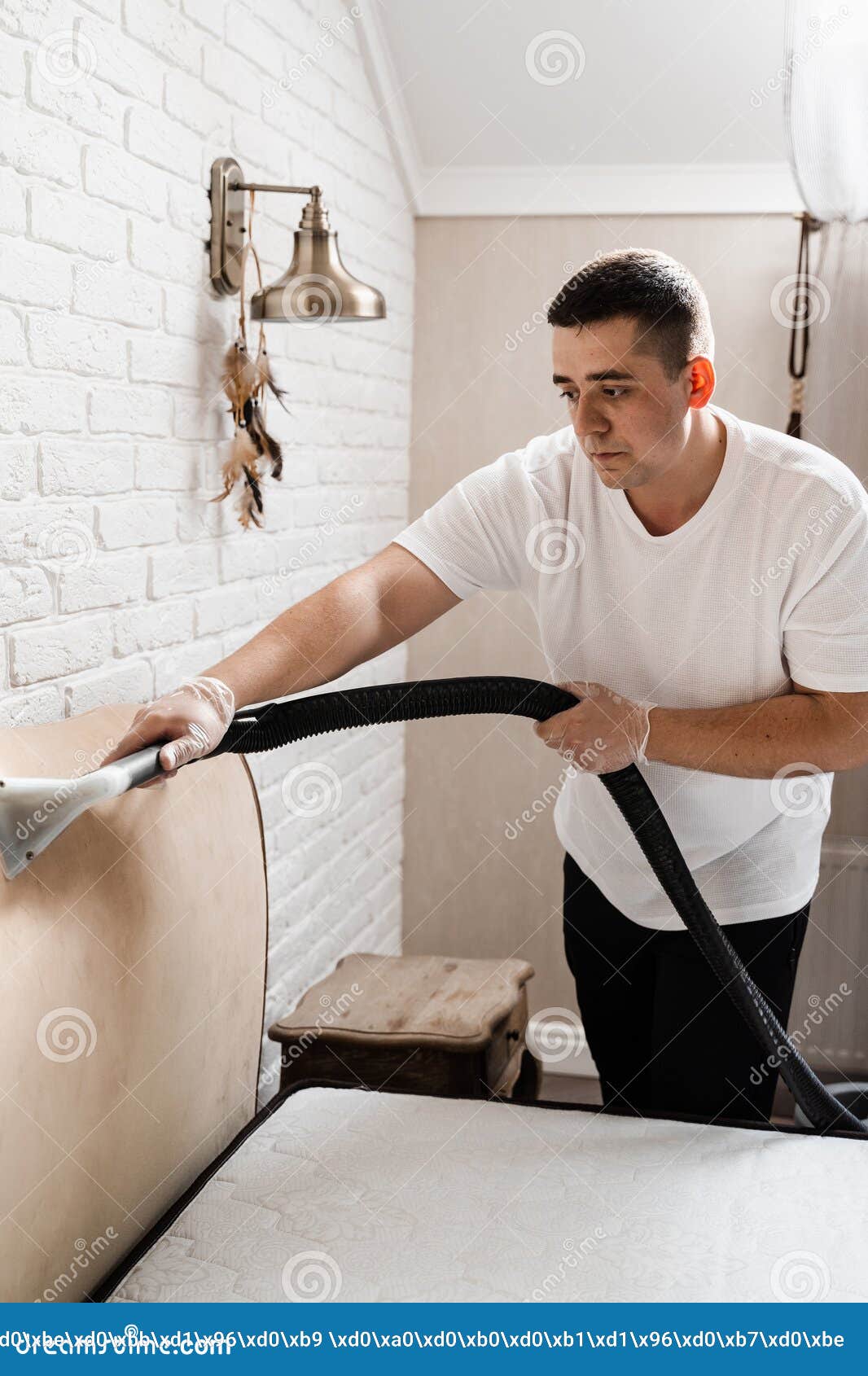 Process of Extraction Dirt from Headboard of Bed Using Extractor Cleaning Machine. Dry Wash ...