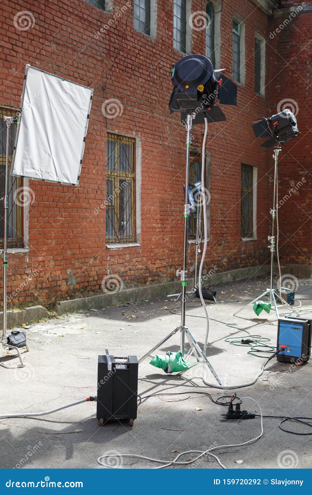 Process of Filming. Spotlights Illuminate Windows Stock Photo - Image ...