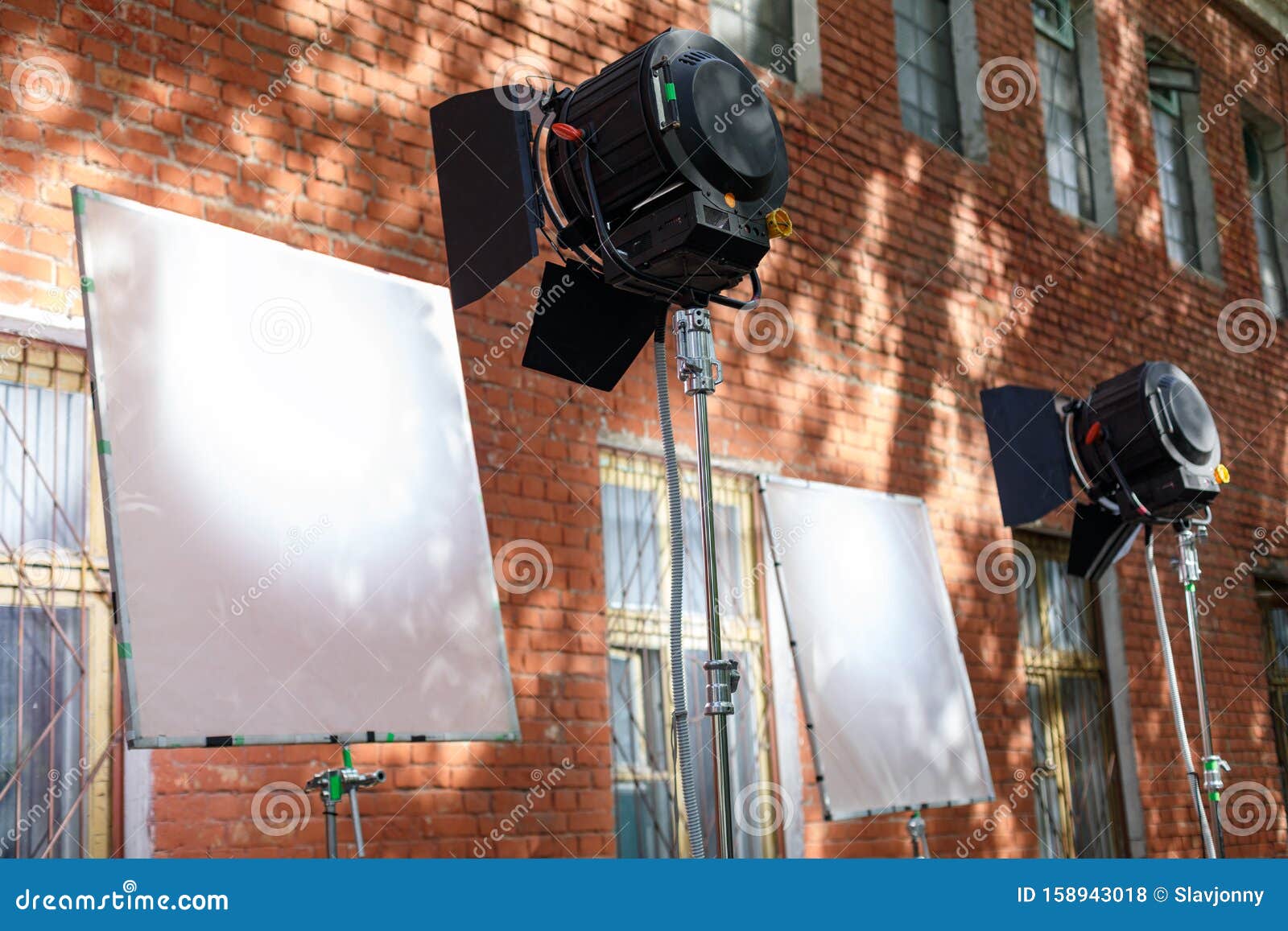 Process of Filming. Spotlights Illuminates Windows Stock Photo - Image ...
