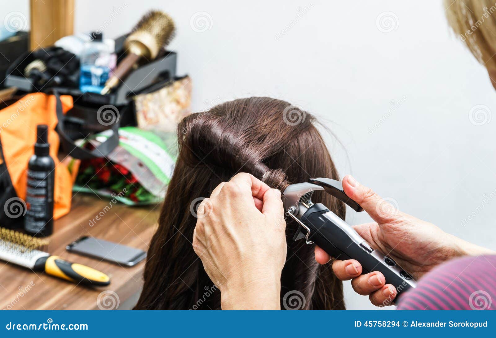 Process of Frizzle while Hair-dressing Stock Photo - Image of negligee ...