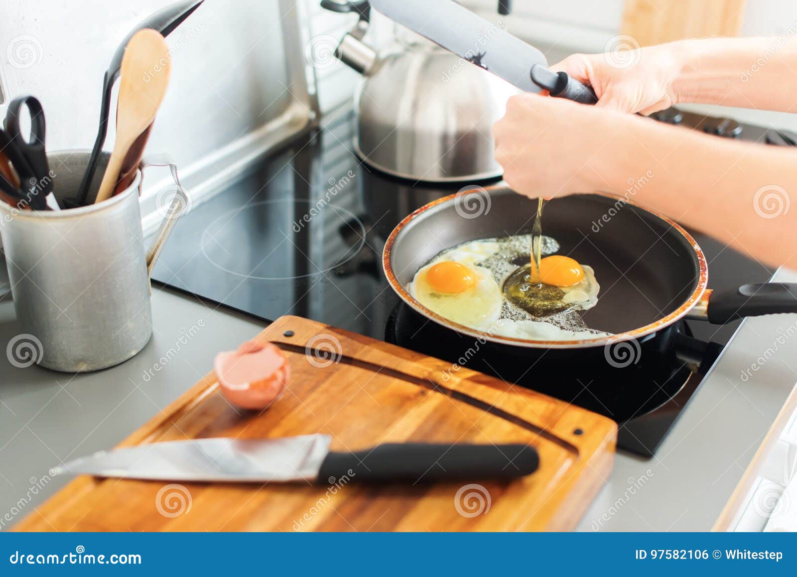 Process Frying Eggs Frying Pan Kitchen Still Life Stock Photo - Image ...
