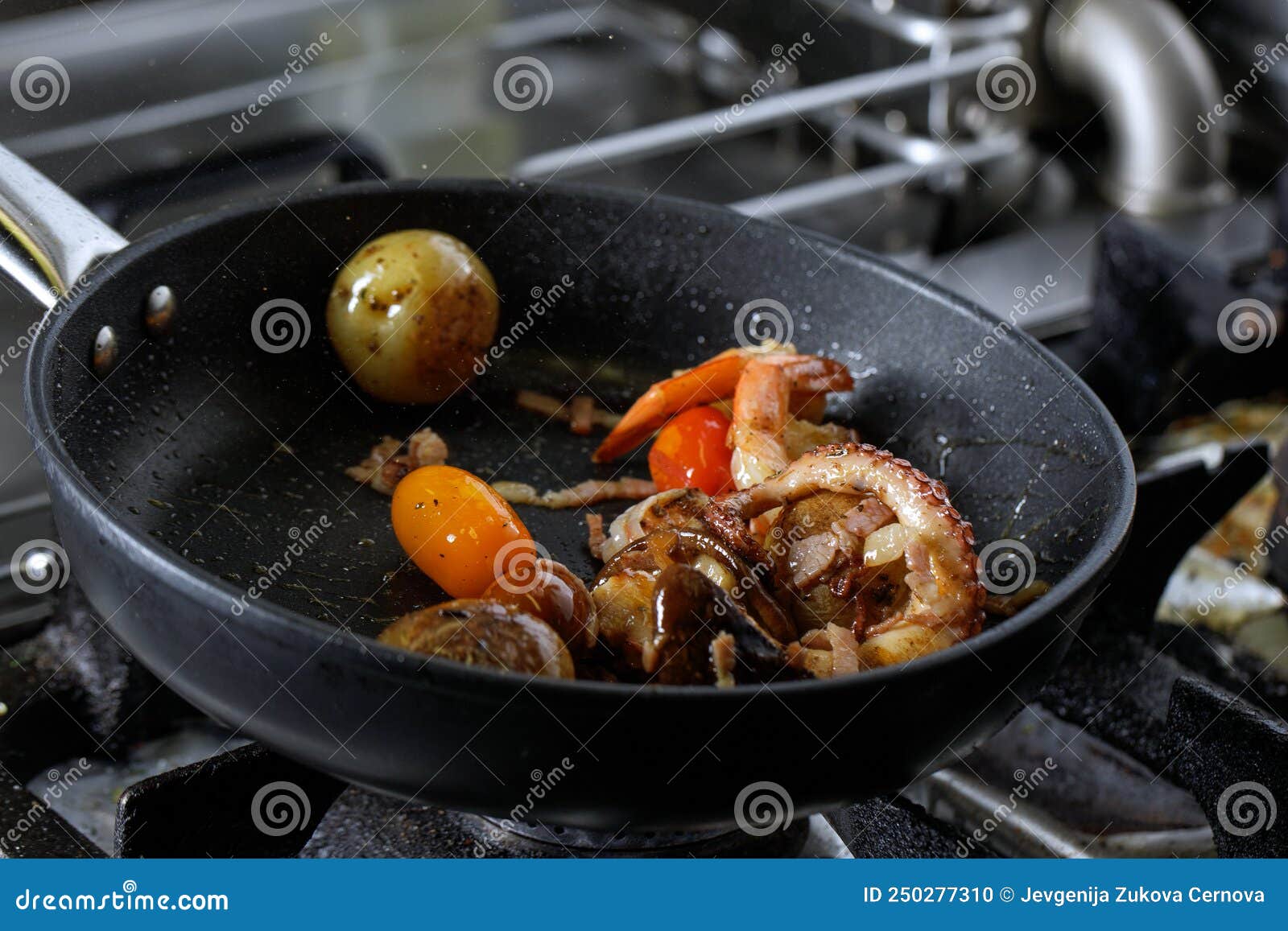 Process of Frying Seafood with Vegetables. Seafood Recipes. Stock Photo ...