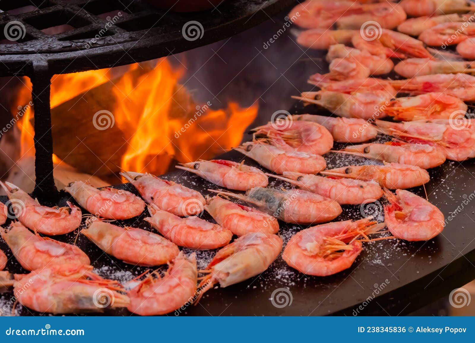 Process of Grilling Red King Prawns on Brazier with Hot Flame Stock ...