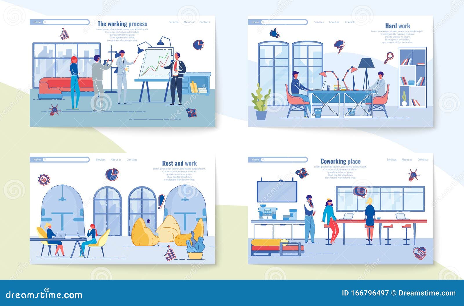Process, Hard Work, Rest and Coworking Place. Stock Vector ...