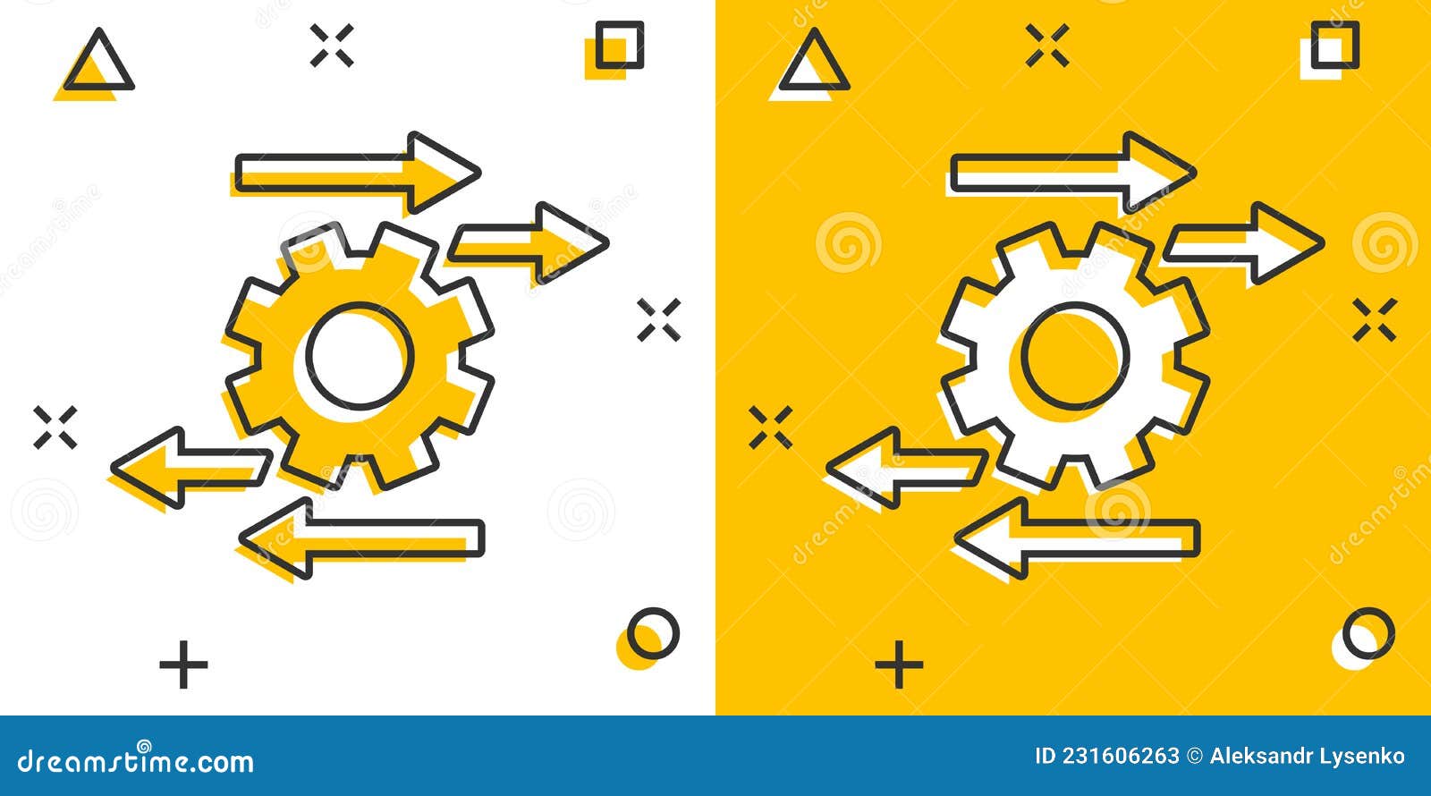 Process Icon in Comic Style. Arrow and Gear Cartoon Vector Illustration ...