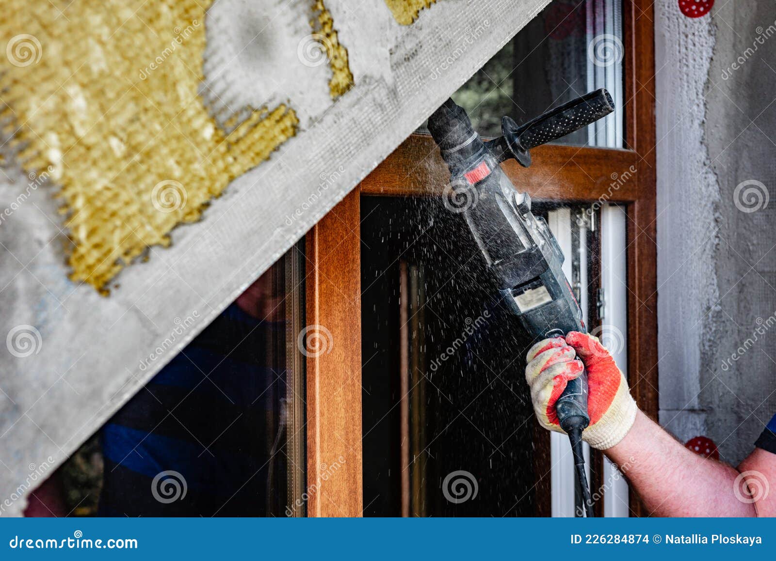 Process Installation Slopes of Window Using Drill. Stock Photo - Image ...