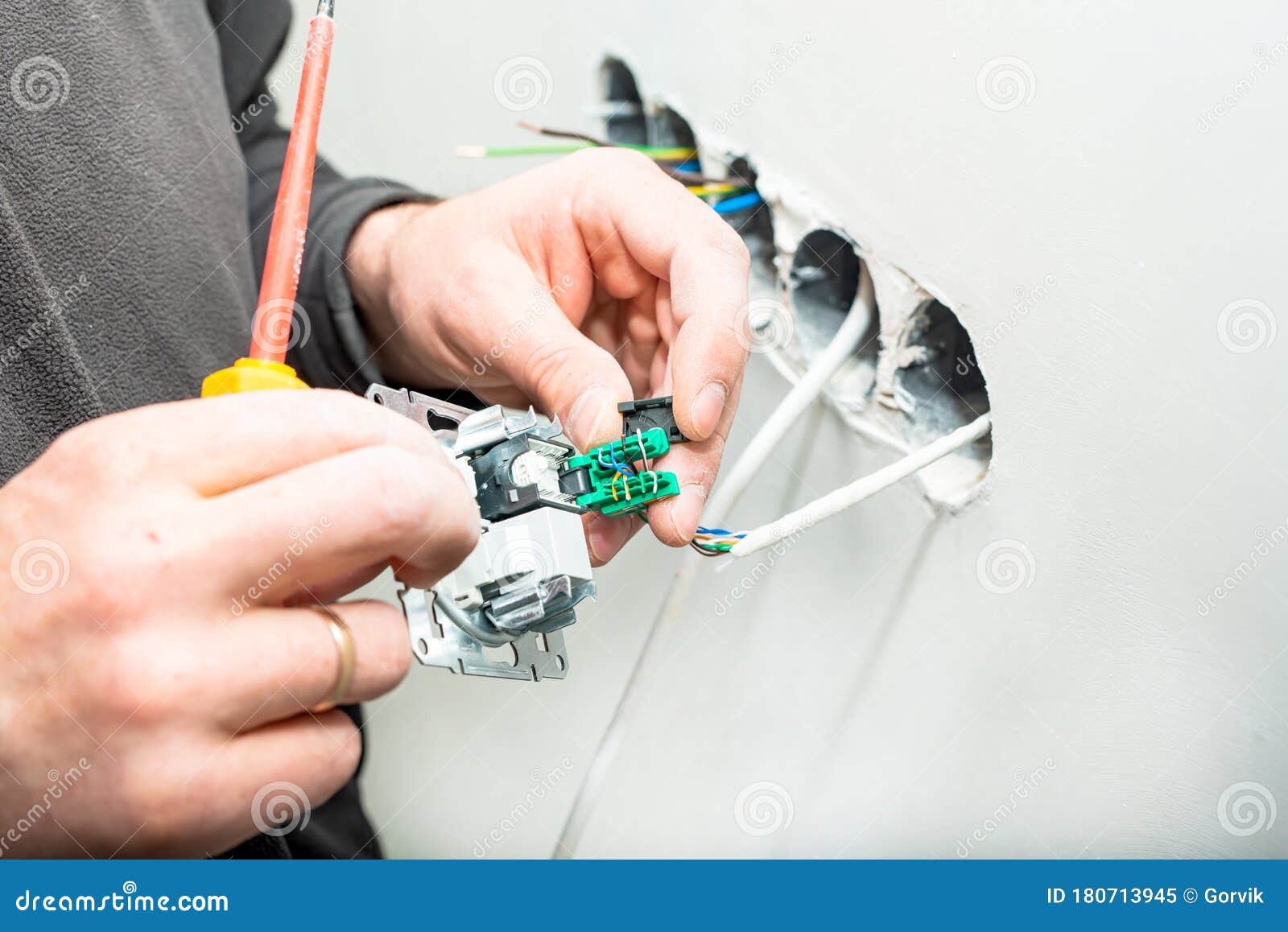 The Process of Installing an Internal Socket for Internet Access Stock ...