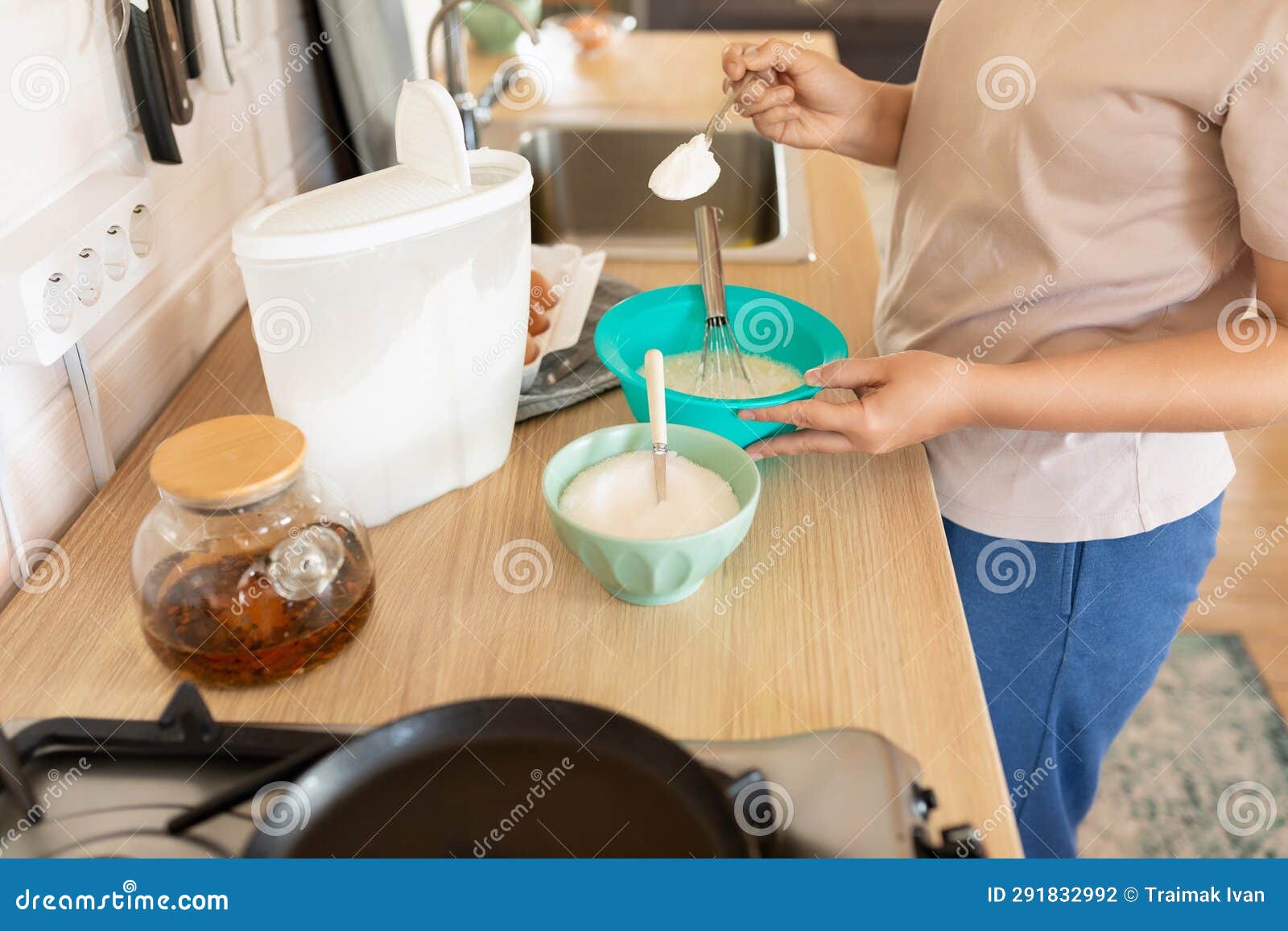 The Process of Kneading the Liquid Dough in a Bowl Stock Photo - Image ...