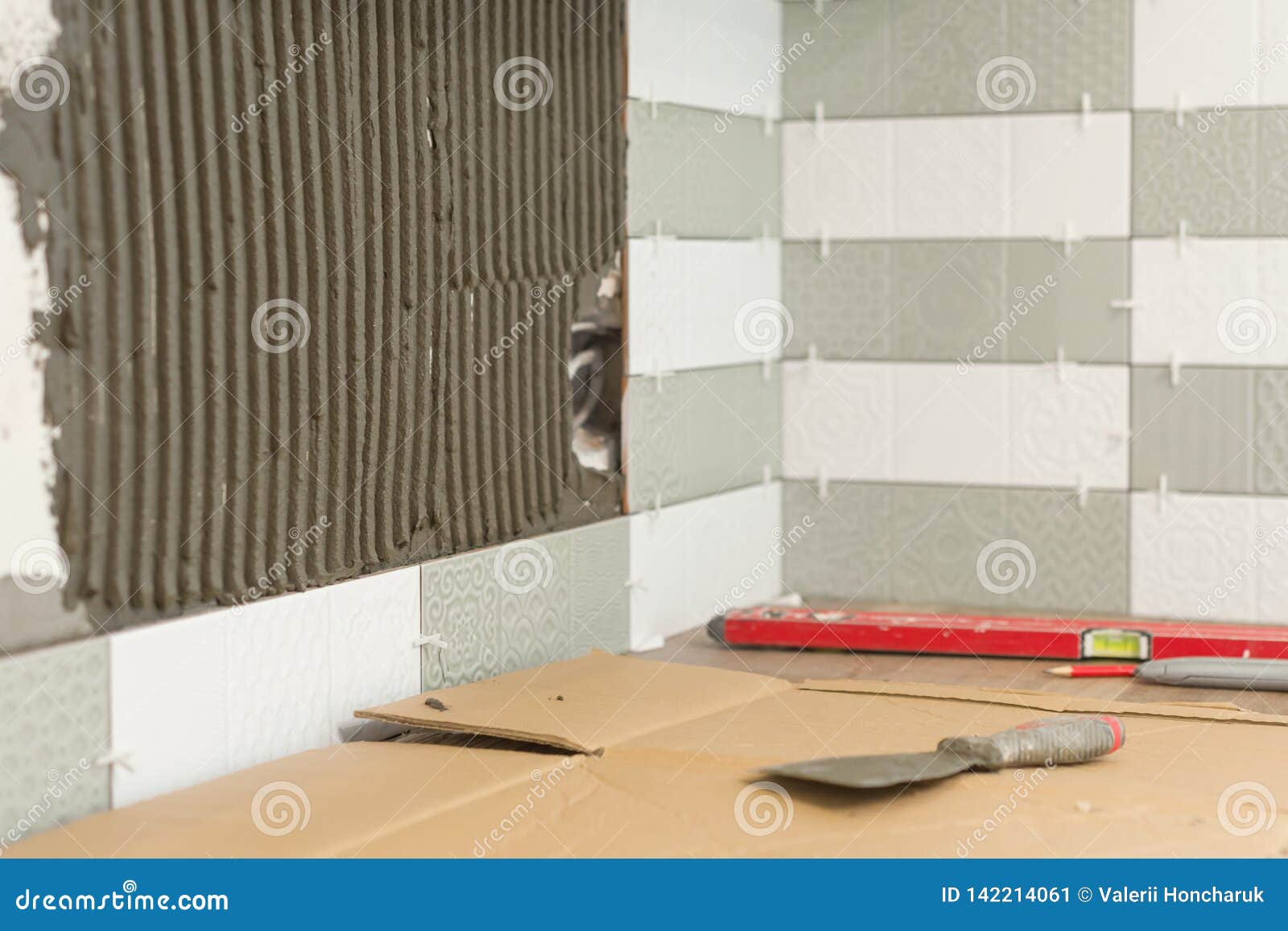 Process of Laying Ceramic Tiles, Construction and Repair in the Kitchen ...