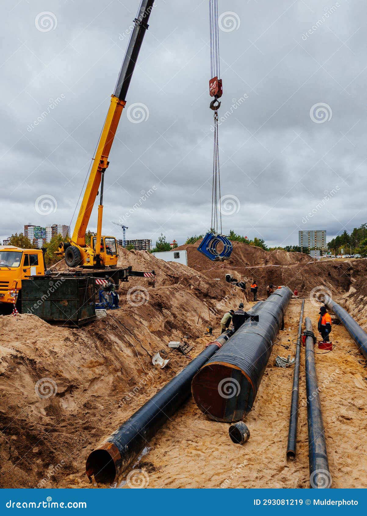 Process of Laying and Joining of Water Supply or Sewer Pipes. Lifting ...