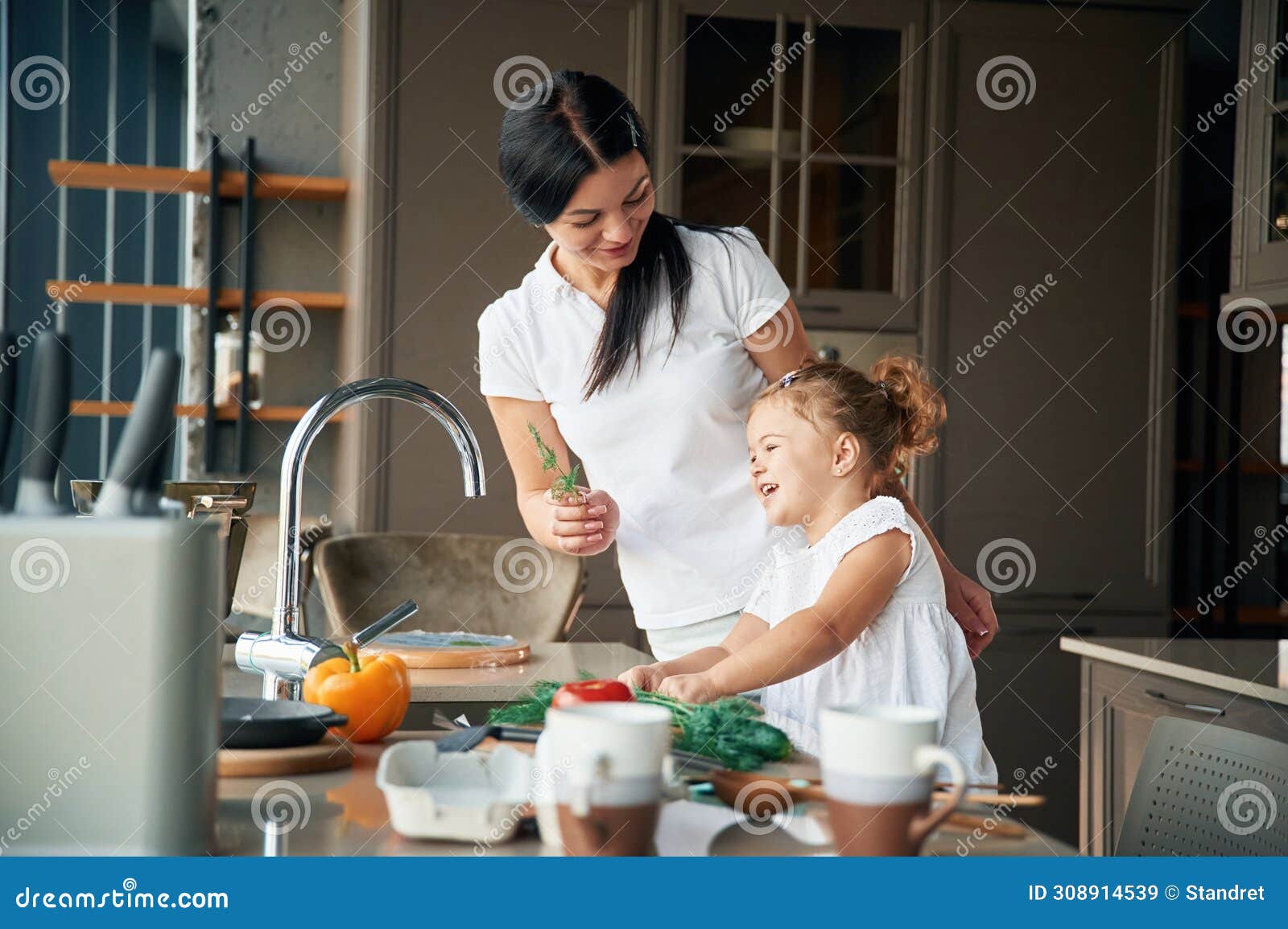 Process of Learning. Mother with Her Daughter are Preparing Food on the ...
