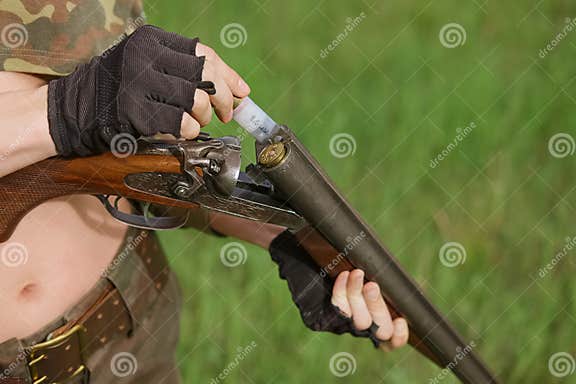 Process of Loading Shotshell into Hunting Rifle Stock Photo - Image of ...