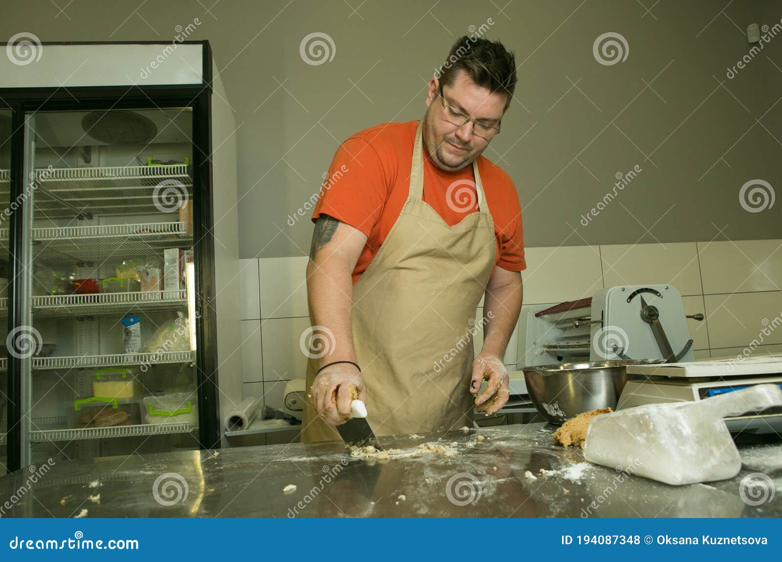 The Process of Making Bread. the Chef Kneads the Dough by Hand Stock ...