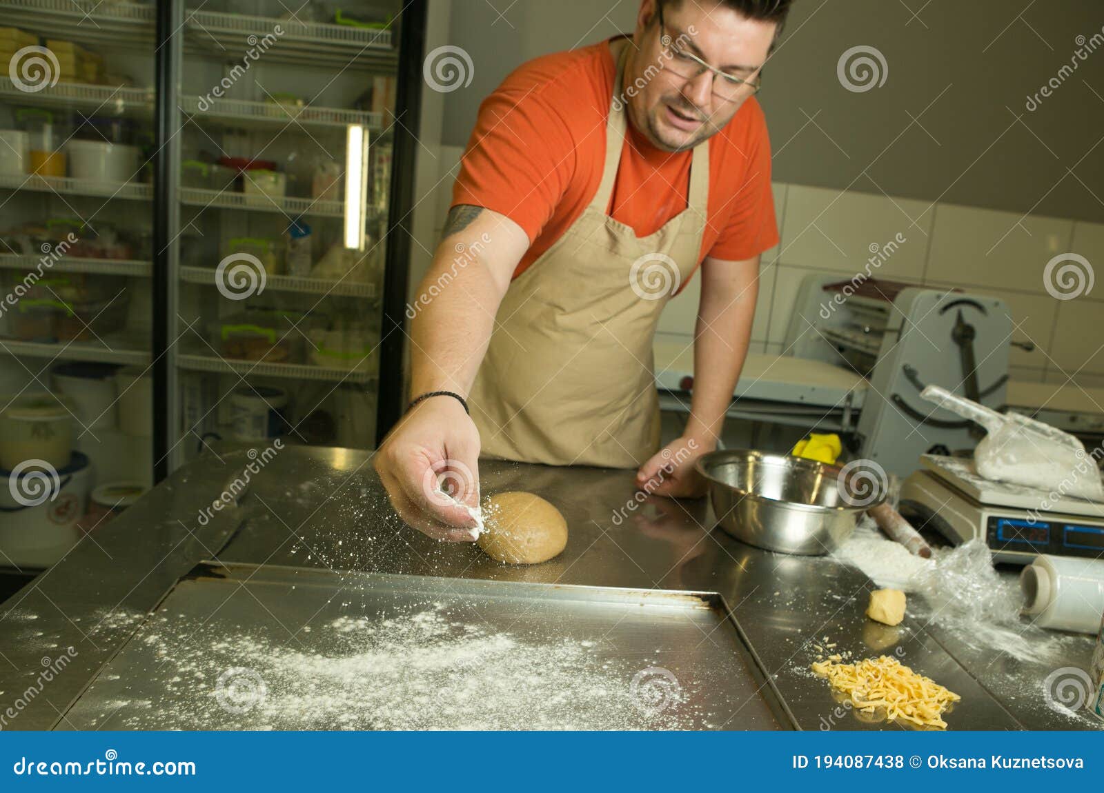The Process of Making Bread. the Chef Kneads the Dough by Hand.the ...
