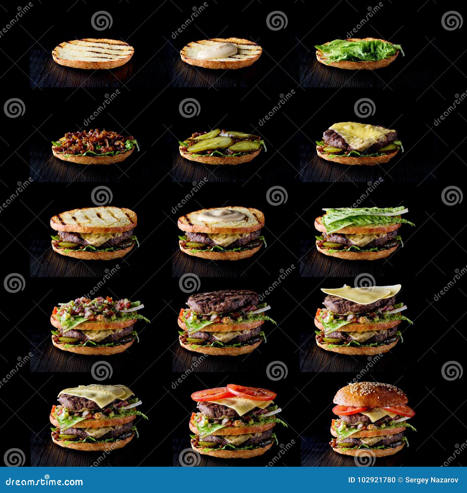 Process Making Of Burger, Step By Step Isolated On Black Background ...