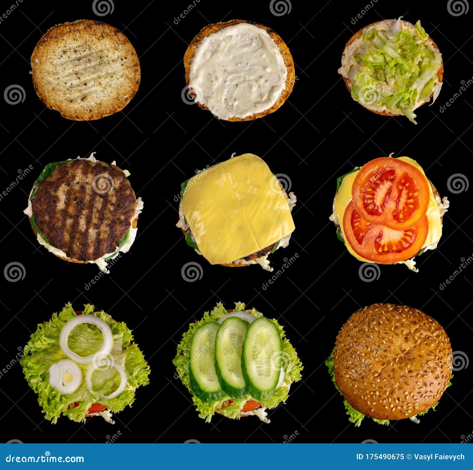 Process Making of Burger, Step by Step Isolated on Black Background ...