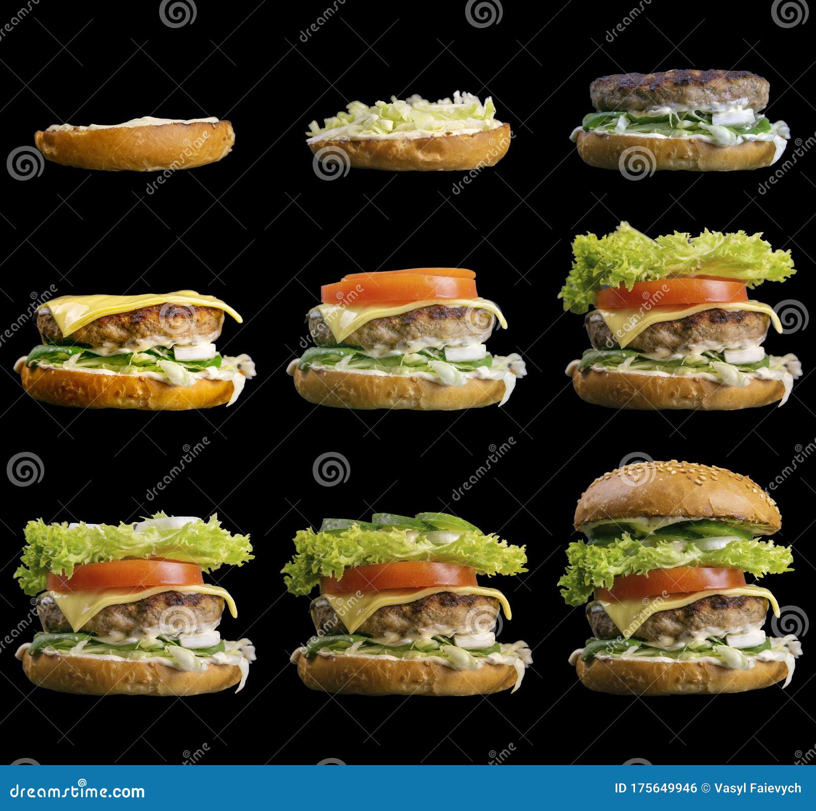 Process Making Of Burger, Step By Step Isolated On Black Background ...