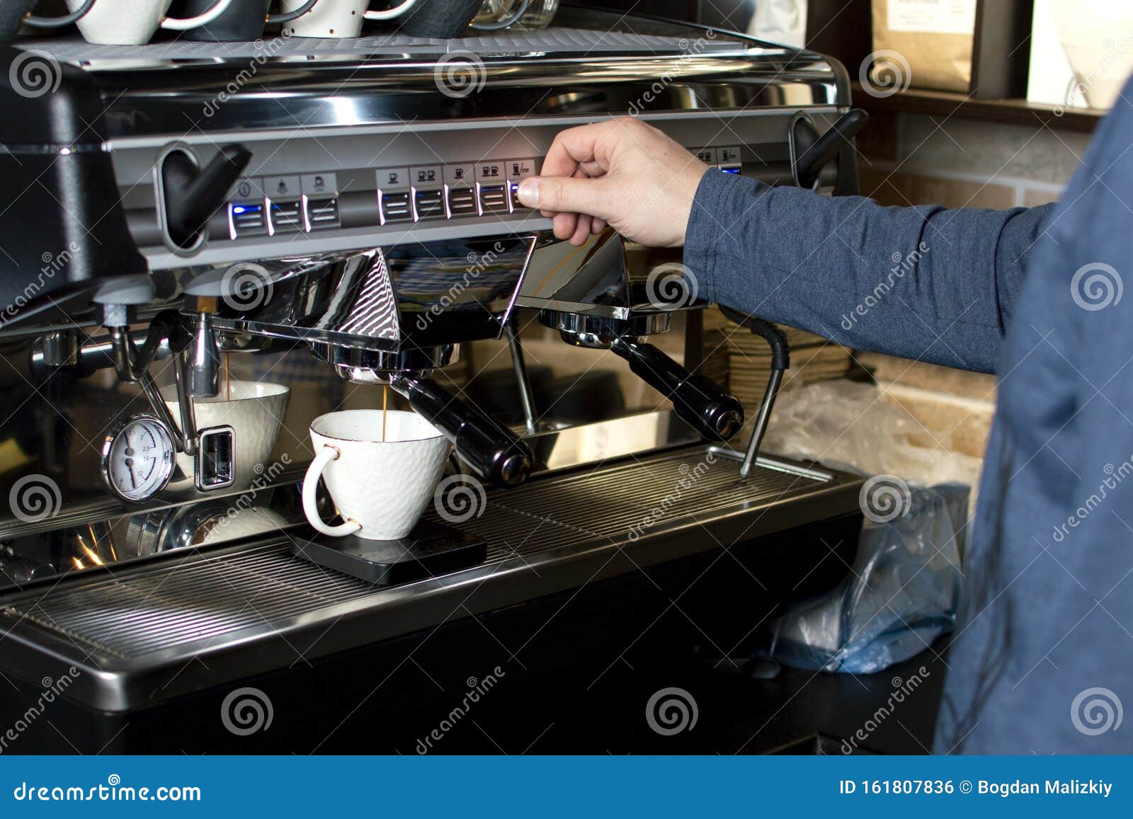 Process of Making Coffee, the Barista Presses Ground Beans, the Guy ...