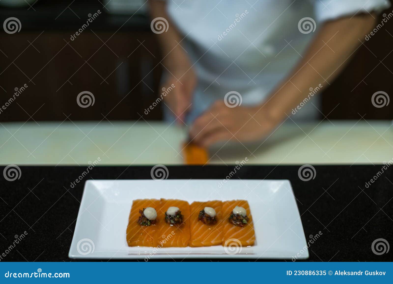 The Process of Making and Decorating Salmon Sashimi. Stock Image ...