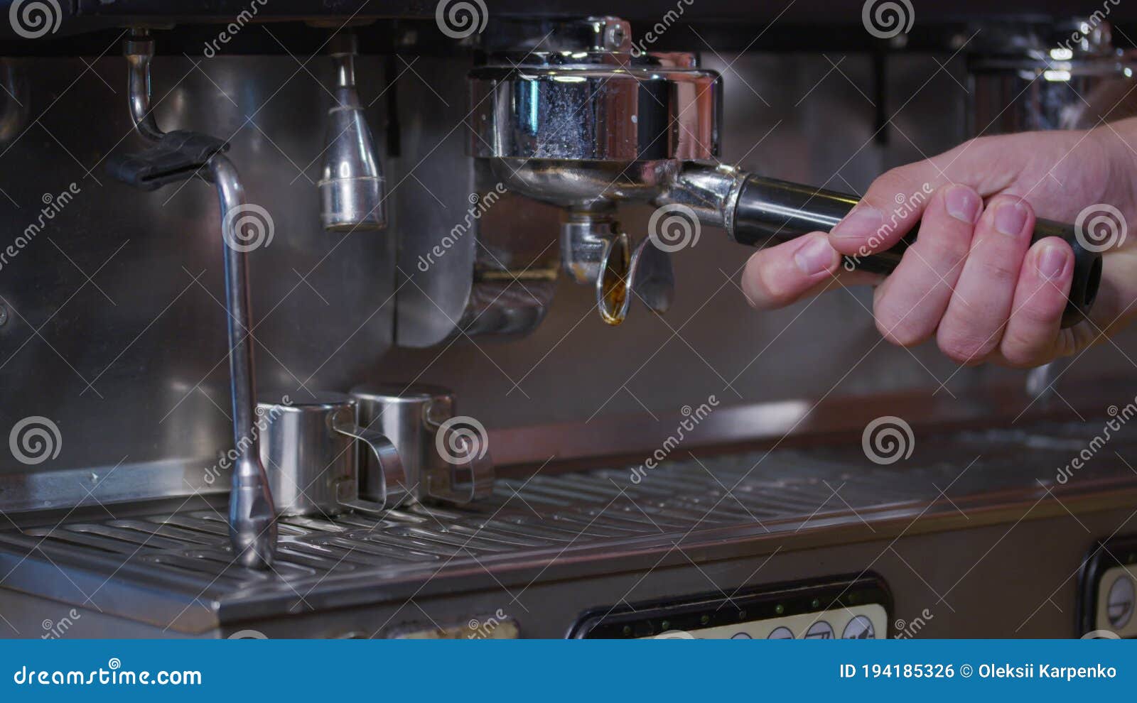Process of Making Espresso in a Coffee Machine. Barista Making Latte in ...