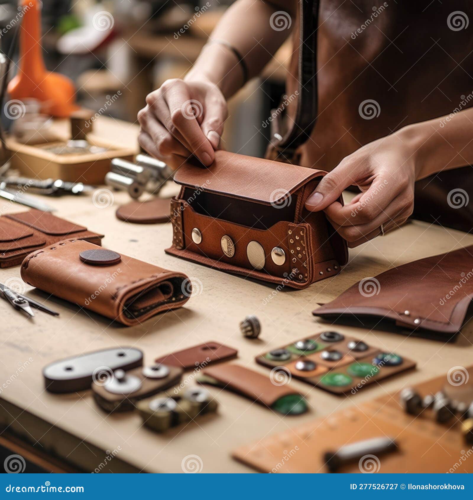 The Process of Making Leather Goods. the Hands of the Master Work with ...
