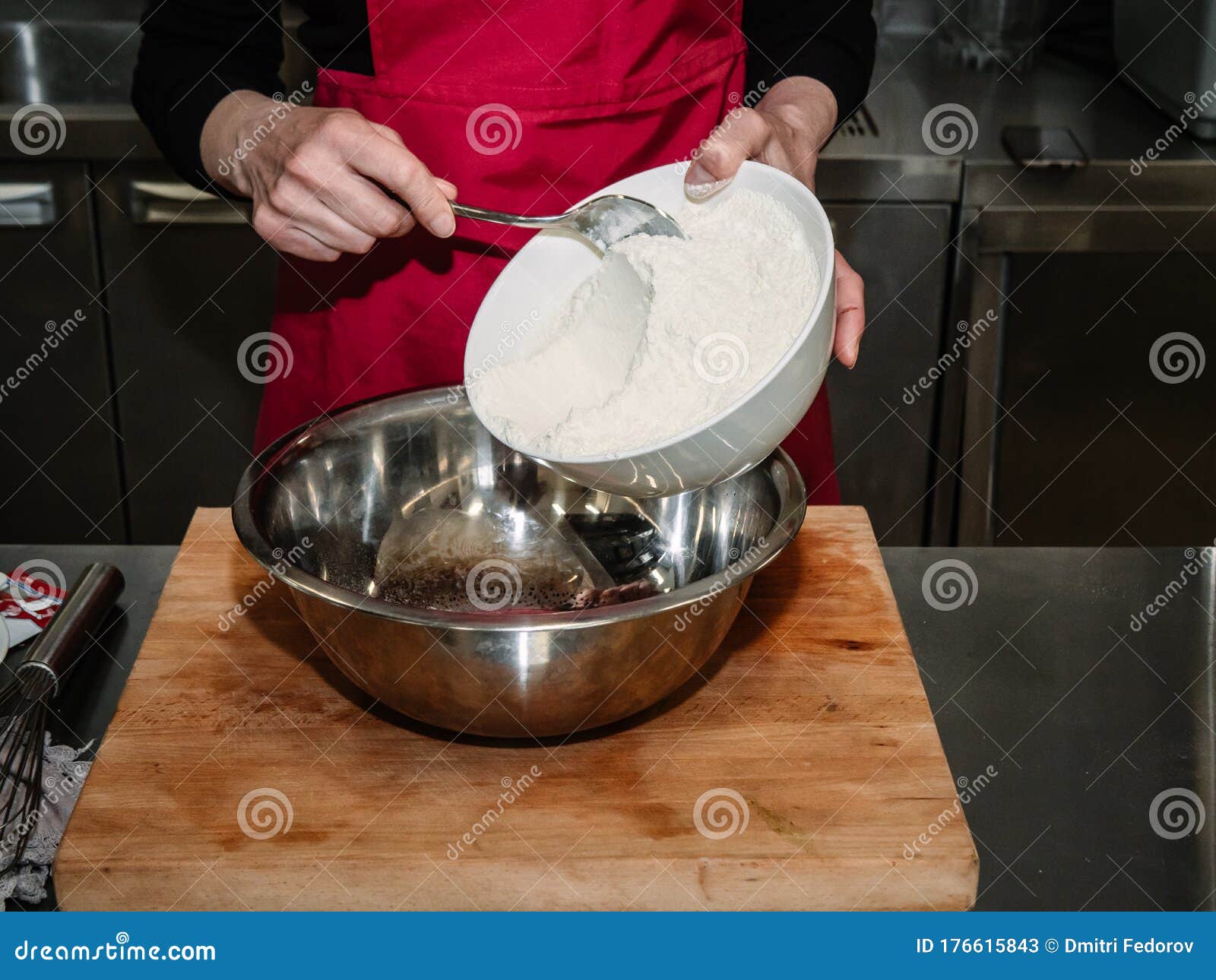 The Process of Making Pancakes. Cook in the Kitchen Makes the Dough ...