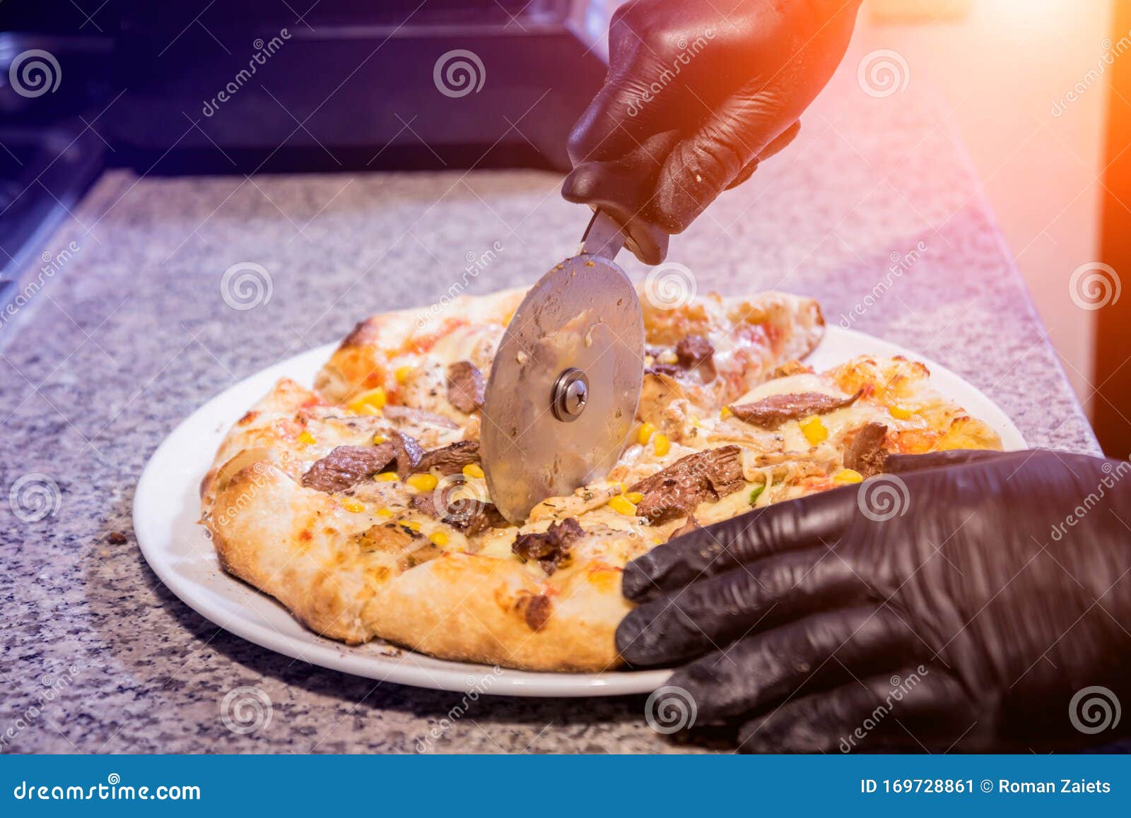 The Process of Making Pizza. Hands of Chef Baker Making Pizza at Cafe ...