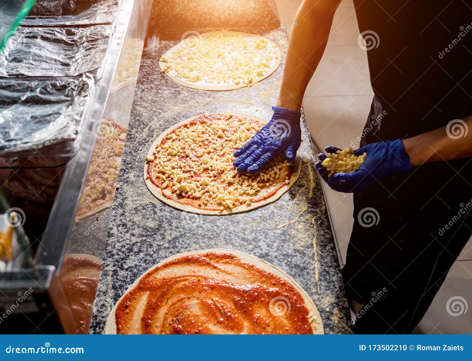 The Process of Making Pizza. Hands of Chef Baker Making Pizza at Cafe ...