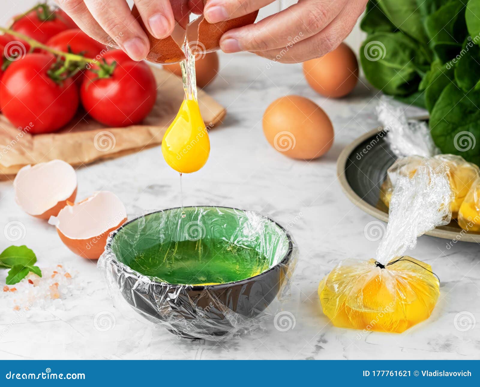 The Process of Making Poached or Benedict Eggs. the Cook Pours an Egg ...